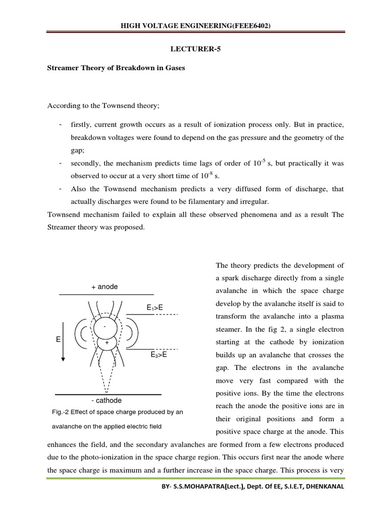 Lecturer-5 Streamer Theory of Breakdown in Gases: High Voltage ...