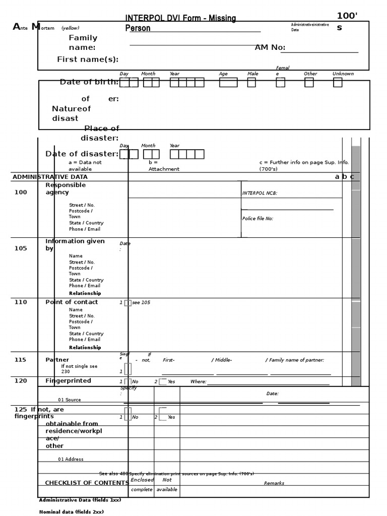 Ante Mortem (Yellow) INTERPOL DVI Form - Missing Person | PDF | Mobile ...