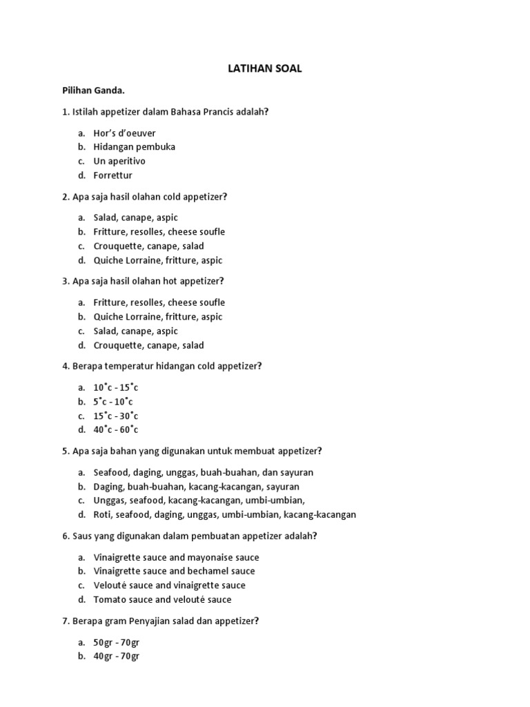 Soal Latihan Tentang Appetizer | PDF | Olahraga & Rekreasi | Memasak ...