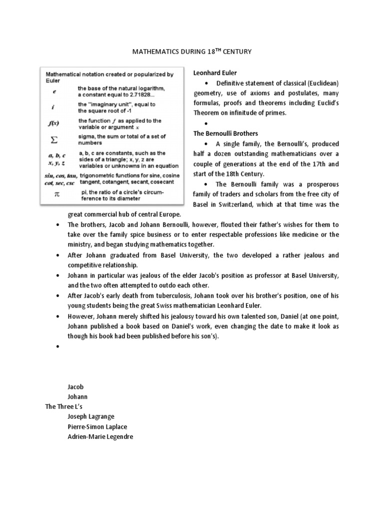 Euler & Bernoulli: 18th Century Math | PDF