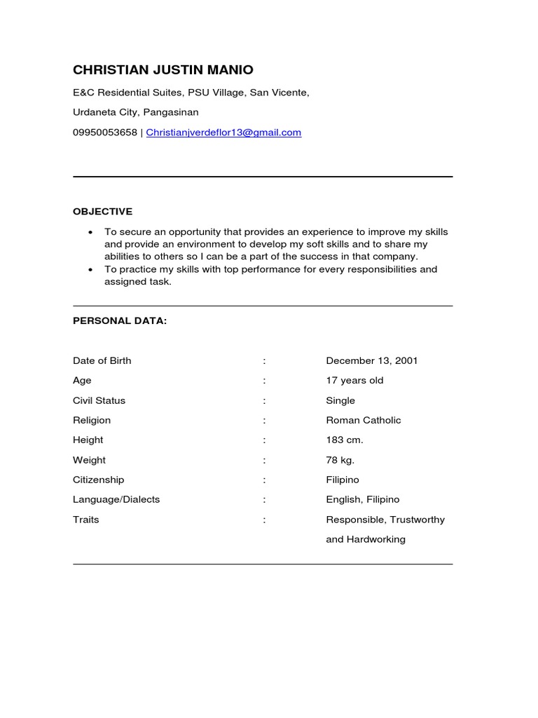 Christian Justin Manio: Objective | PDF