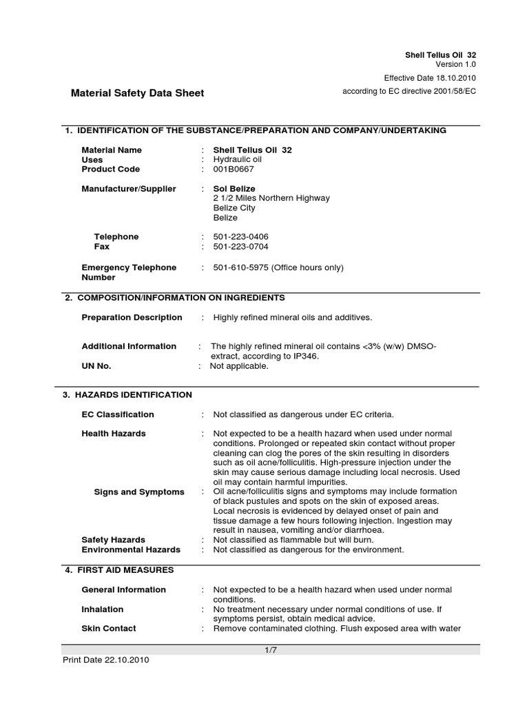 Shell Tellus Oil 32 MSDS | PDF | Personal Protective Equipment | Toxicity