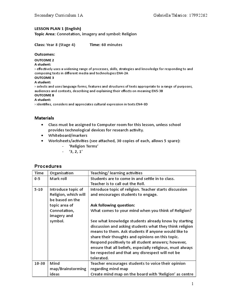 1a Assessment Task Lesson Plans | PDF | Lesson Plan | Tetragrammaton
