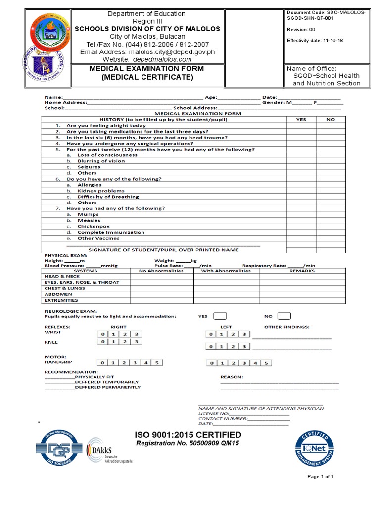 Qf1 Medical Examination Form Medical Certificate | PDF