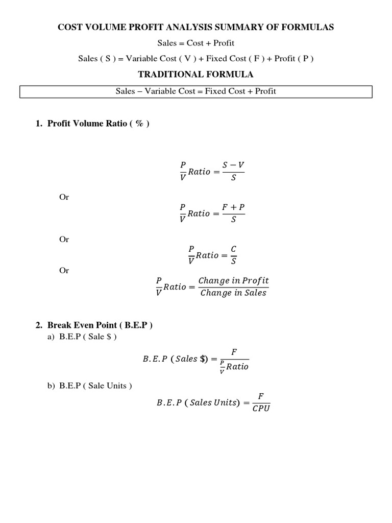 CVP Anlysis Formulas | PDF | Business Economics | Business