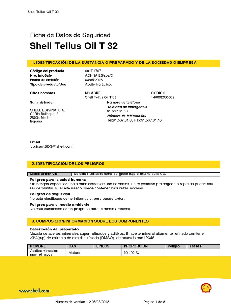 Shell Tellus T 32 PDF | PDF | Toxicología | Toxicidad