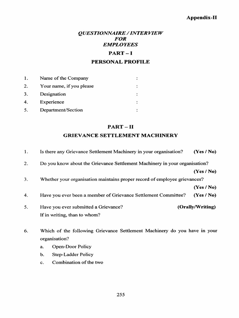 Questionnaire / Interview FOR Employees: Appendix-II | PDF | Employee ...