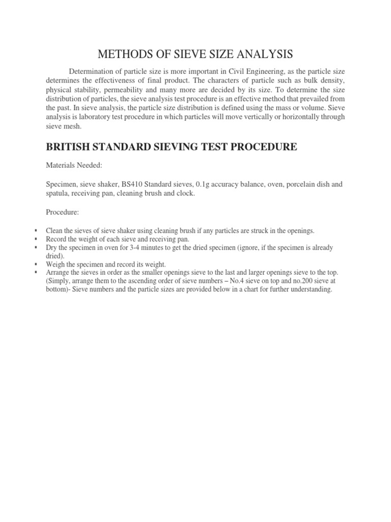 Methods of Sieve Size Analysis: British Standard Sieving Test Procedure ...