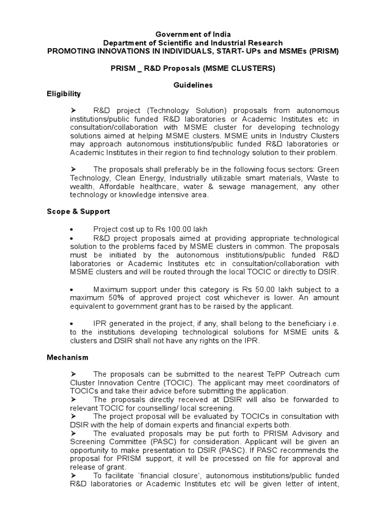MSME R&D Proposal Guidelines | PDF | Research And Development | Innovation