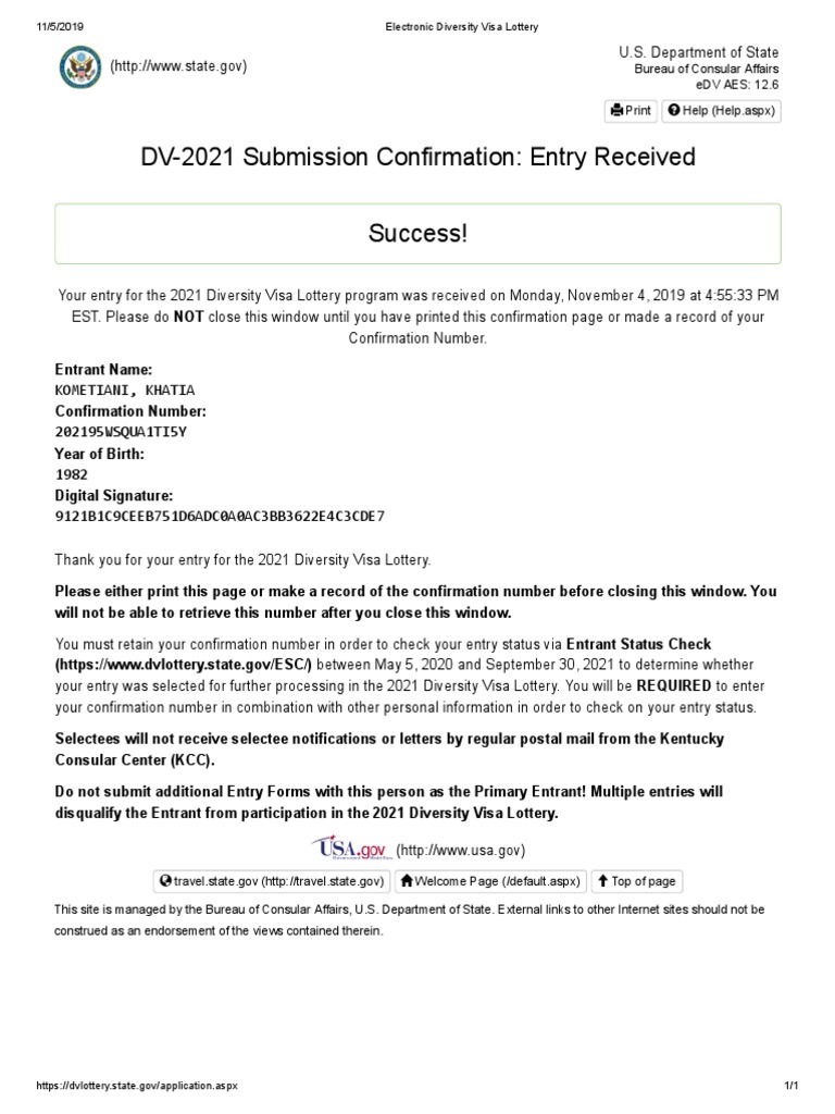 DV-2021 Submission Confirmation: Entry Received Success! | PDF | Travel ...