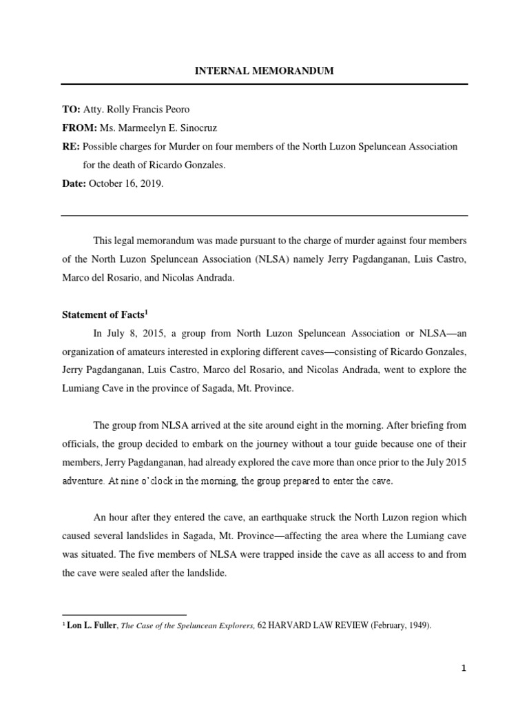 Internal Memorandum: Lon L. Fuller, The Case of The Speluncean ...