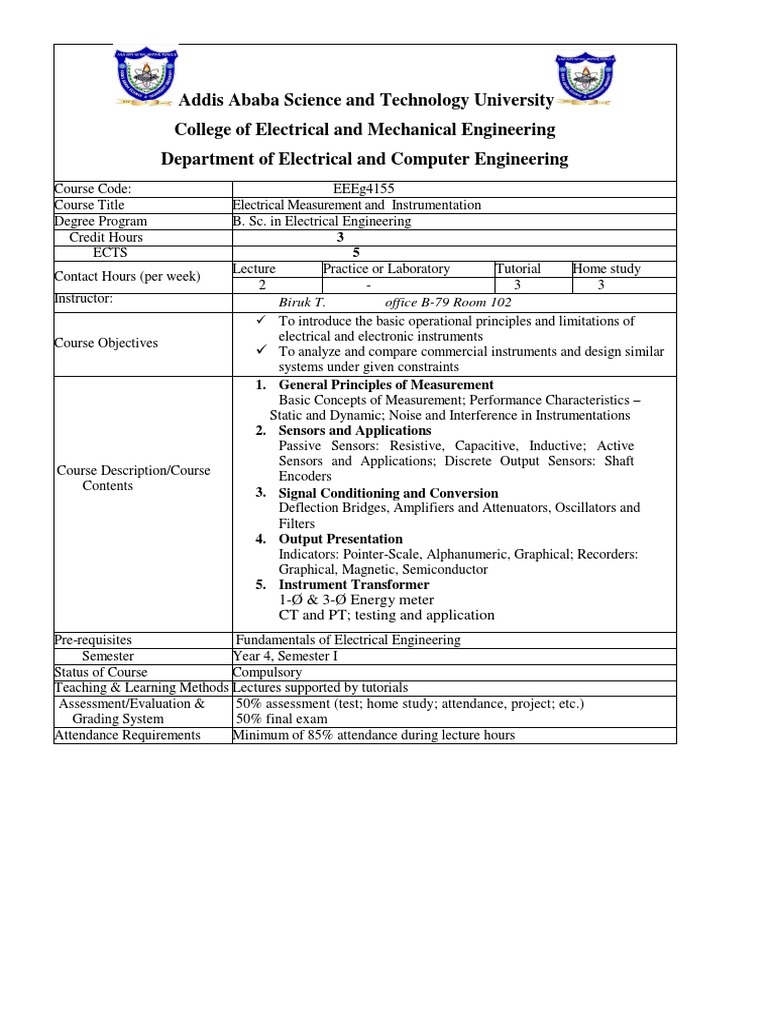 Instrumentation Crouse Outline | PDF | Instrumentation | Electrical ...