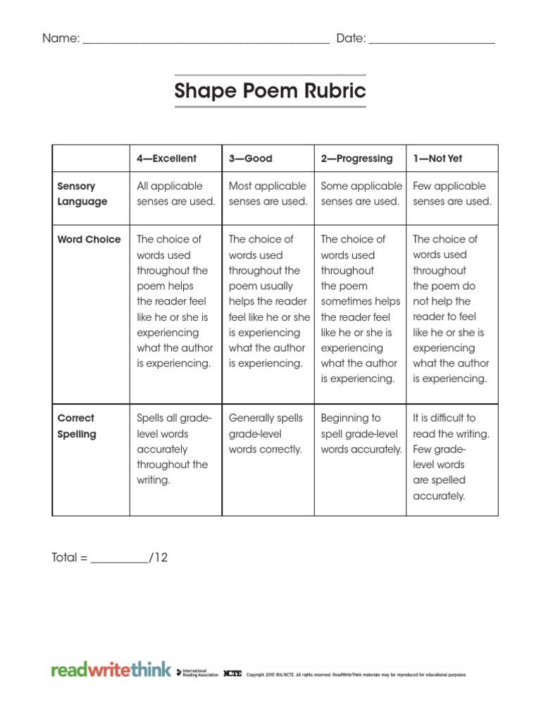Shape Poem Rubric: Name: - Date | PDF