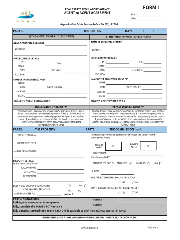 Form I: Agent To Agent Agreement | PDF | Real Estate Broker | Real ...