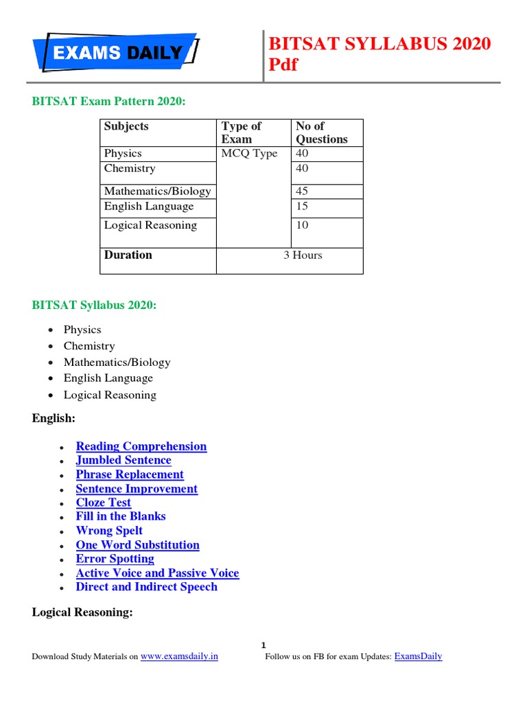 Bitsat Syllabus 2020 PDF: Subjects Type of Exam No of Questions | PDF ...