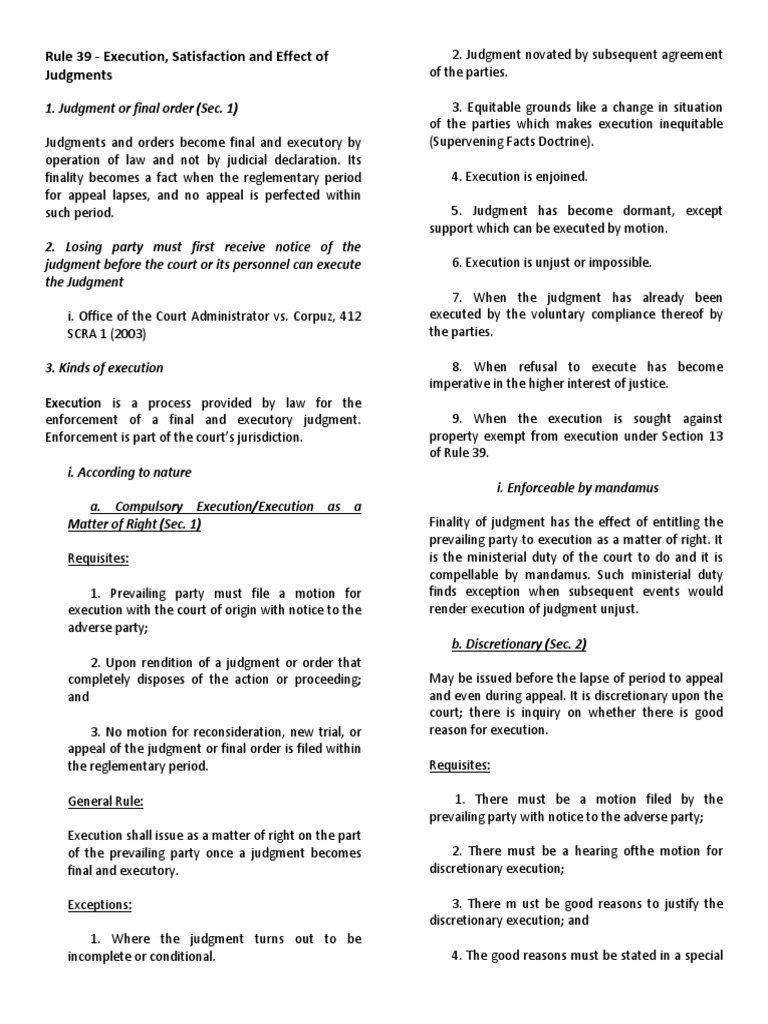 Rule 39 - Execution, Satisfaction and Effect of Judgments: Execution Is ...