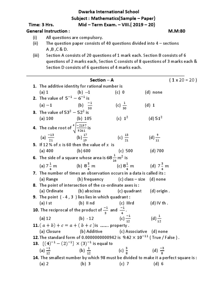 Maths Class 8 Sample Paper | PDF | Area | Elementary Mathematics
