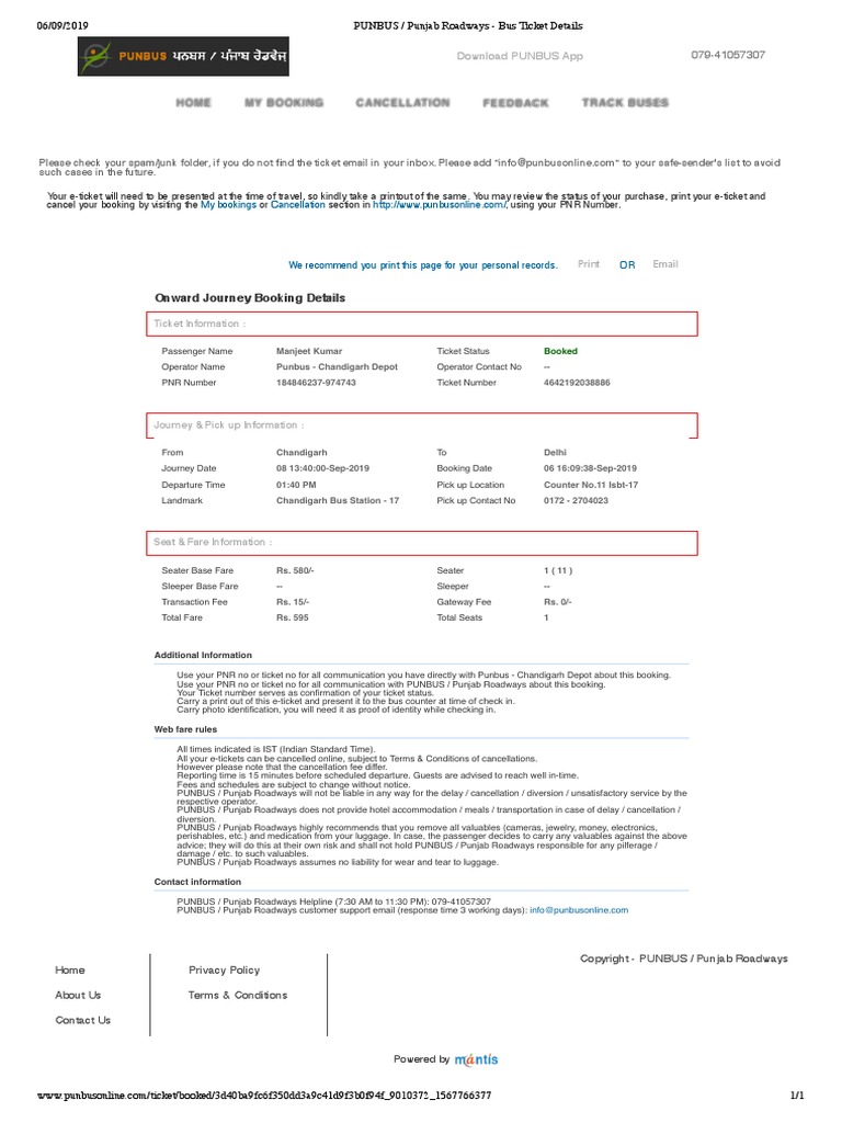 PUNBUS - Punjab Roadways - Bus Ticket Details | PDF | Ticket (Admission ...