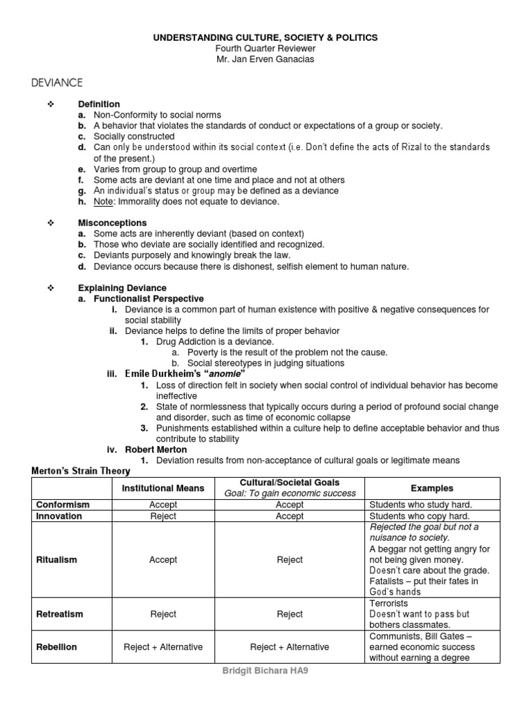UCSP Fourth Quarter Reviewer PDF | PDF | Deviance (Sociology) | Social ...