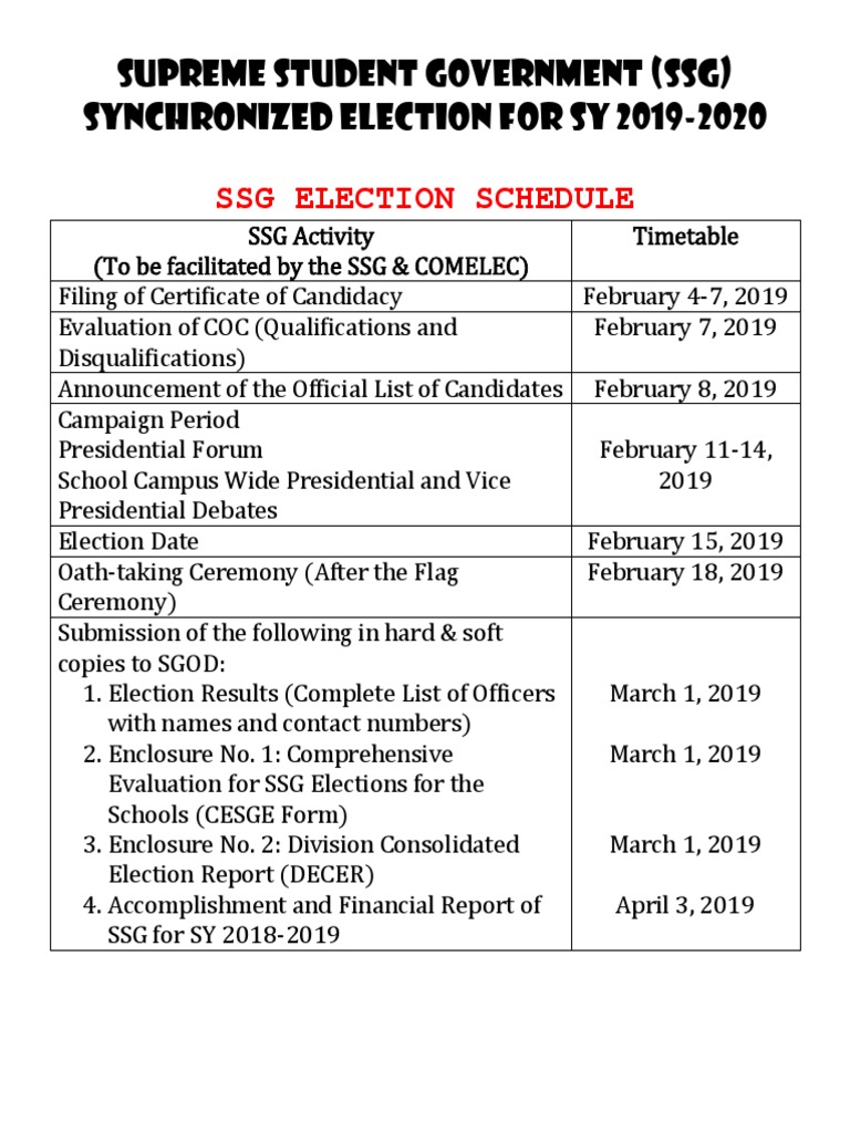 SSG Election Schedule: Supreme Student Government (SSG) Synchronized ...