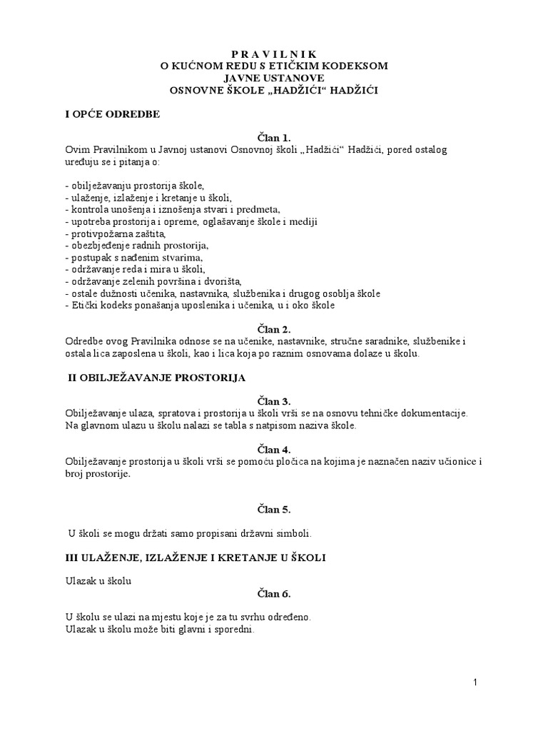 Pravilnik o Kućnom Redu S Etičkim Kodeksom | PDF