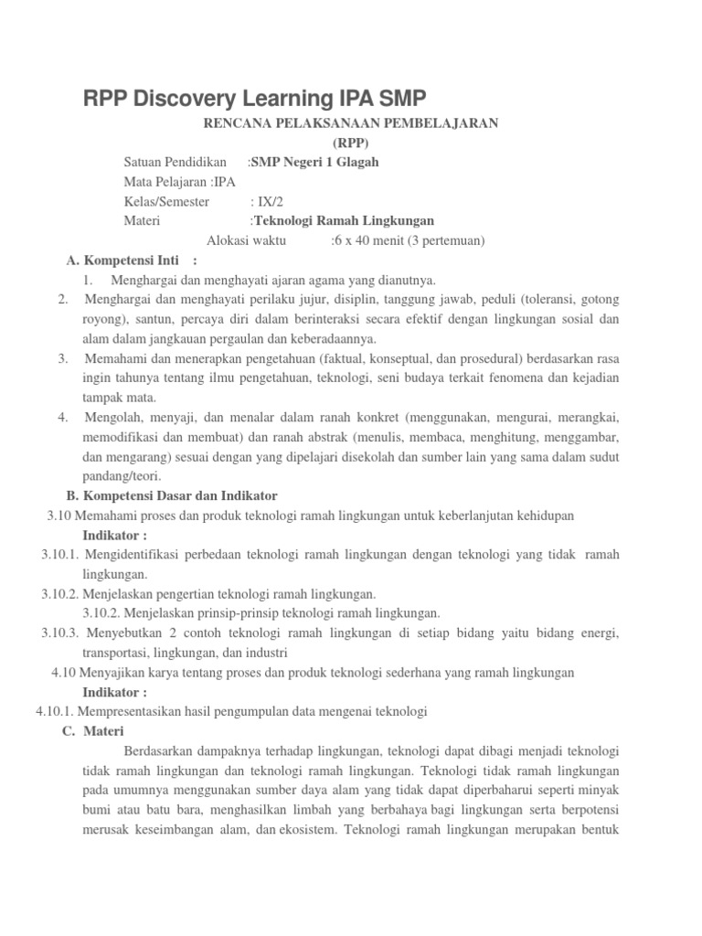 RPP Discovery Learning IPA SMP | PDF | Teknologi & Rekayasa