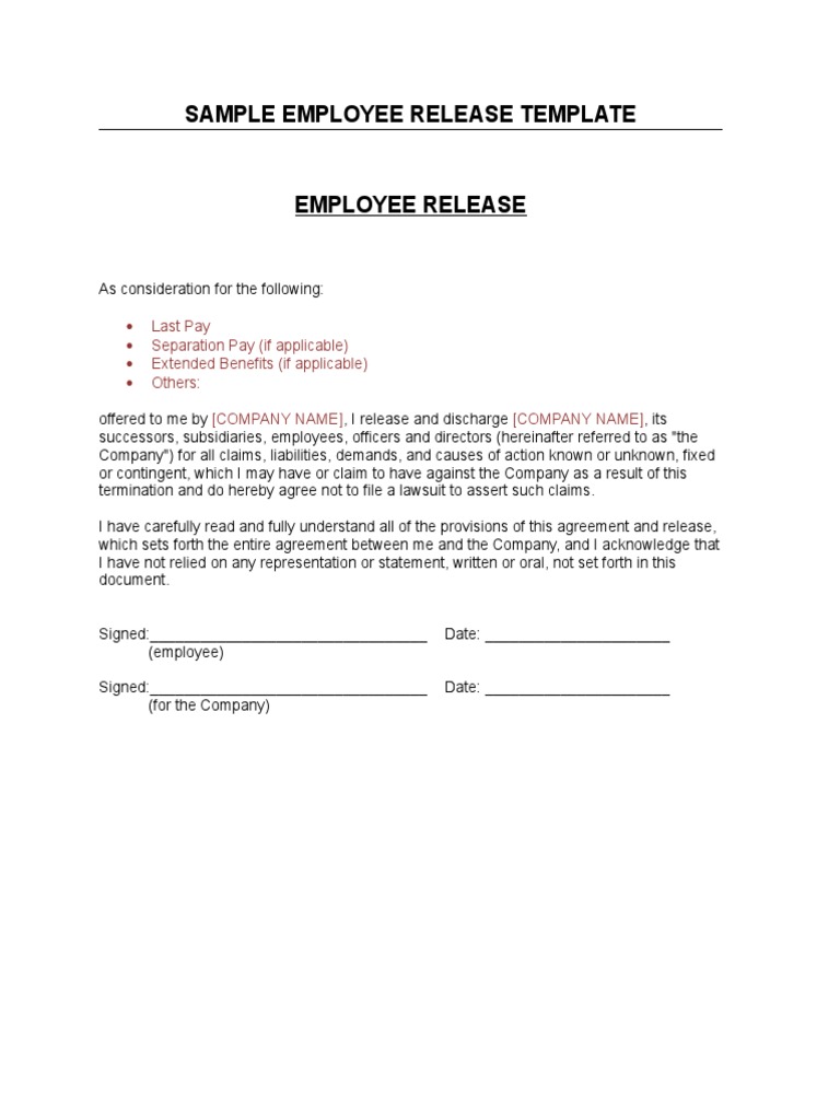 Sample Employee Release Template | PDF | Business | Law