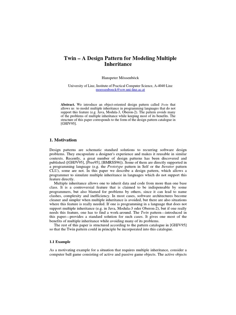 Twin - A Design Pattern For Modeling Multiple Inheritance: 1. Motivation | PDF | Inheritance ...