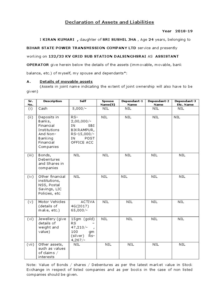 Declaration of Assets and Liabilities: Year 2018-19 | PDF | Ownership ...