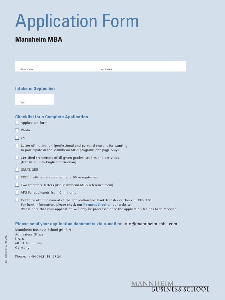 Application Form: Mannheim MBA | PDF | Graduate Management Admission ...