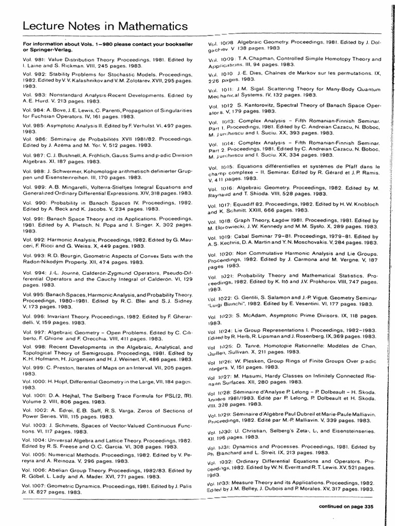 Lecture Notes in Mathematics: For Information About Vols. 1-980 Please ...