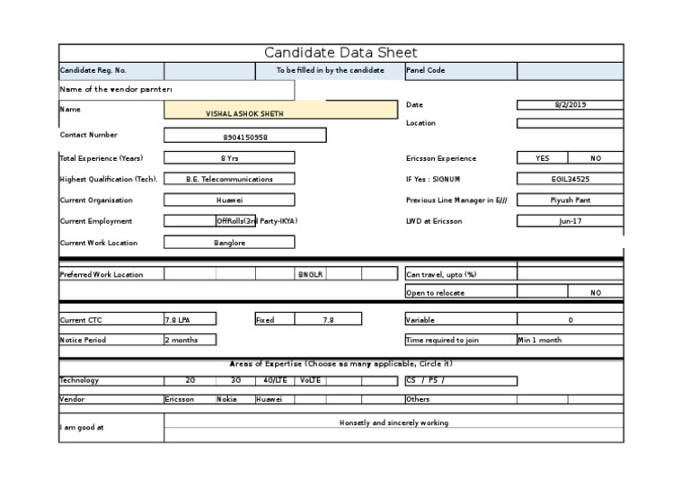 Candidate Data Sheet for Vishal Sheth | PDF