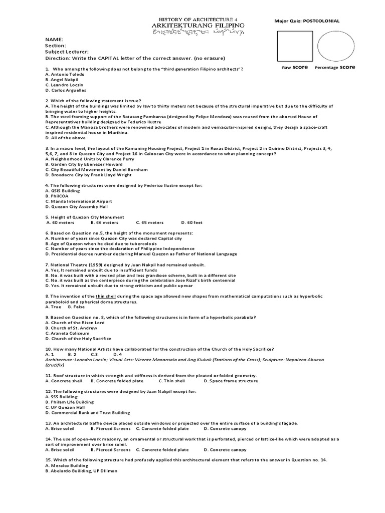 Name: Section: Subject Lecturer: Direction: Write The CAPITAL Letter of ...