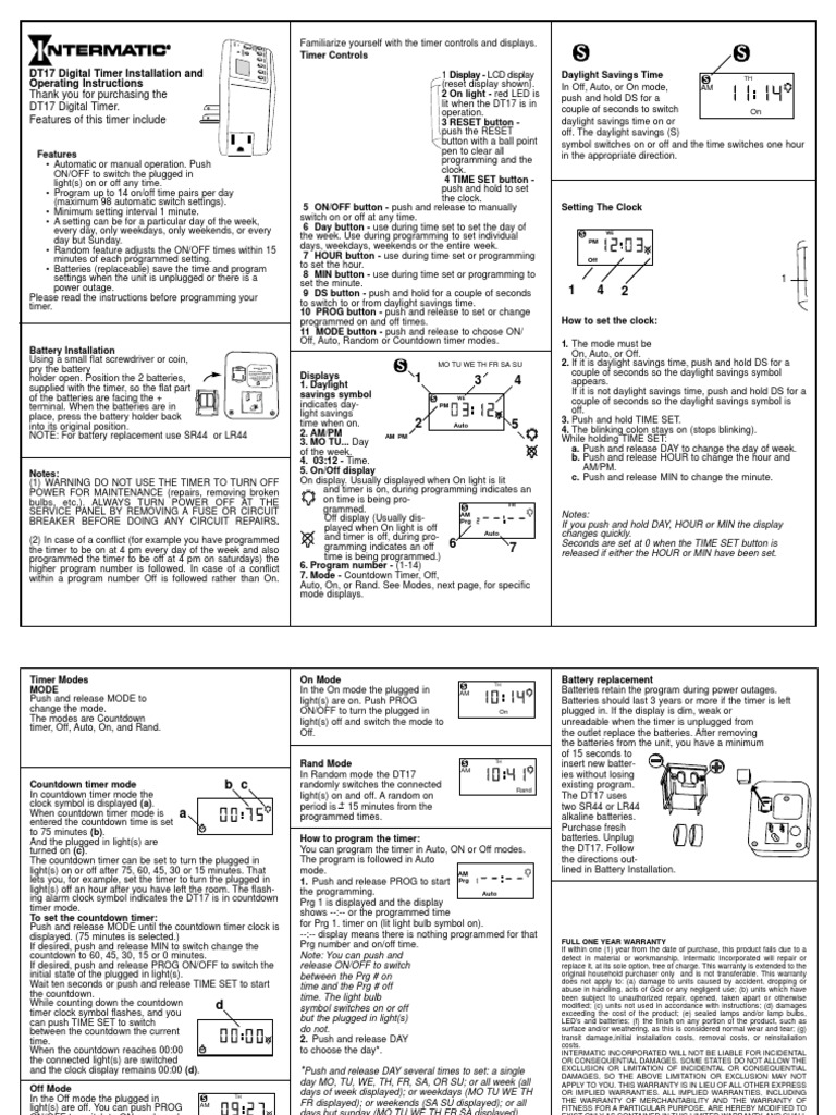 Timer Intermatic DT 17 | PDF | Clock | Timer