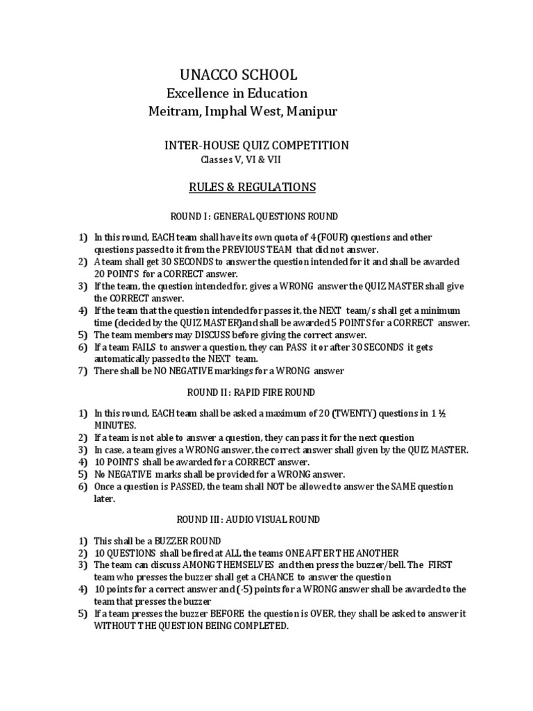 Inter-House Quiz Competition Rules | PDF | Leisure