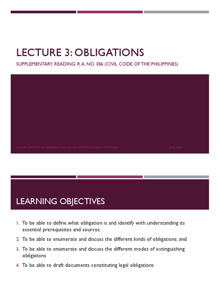 Lecture 3: Obligations: Supplementary Reading: R.A. No. 386 (Civil Code ...