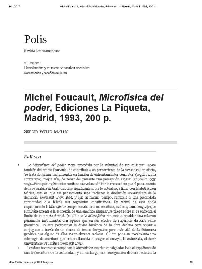 Michel Foucault, Microfísica Del Poder | PDF | Michel Foucault | Verdad