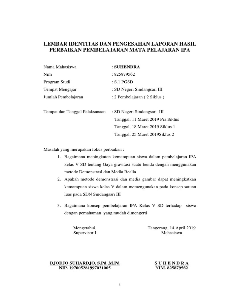 Lembar Identitas Dan Pengesahan Laporan Hasil Perbaikan Pembelajaran Mata Pelajaran Ipa | PDF