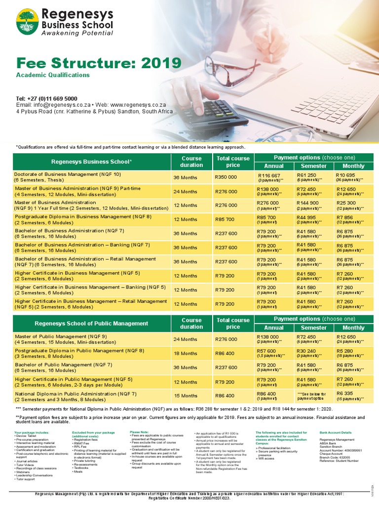 Regenesys Fee Structure 2019 RSA | PDF | Fee | Master Of Business ...