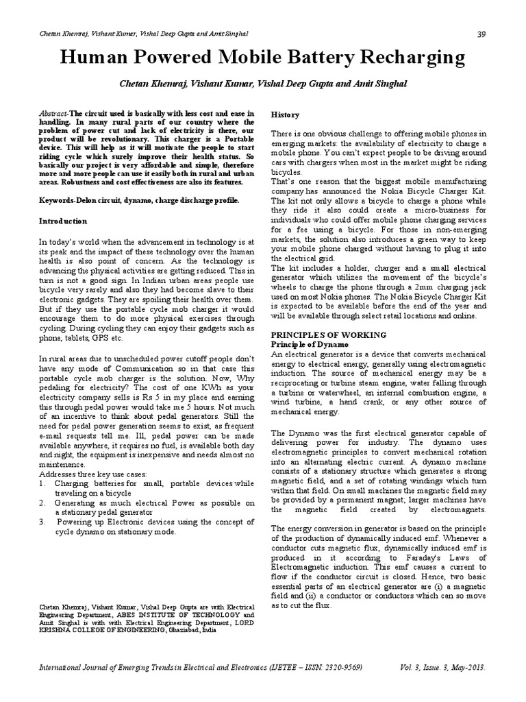 Human Powered Mobile Battery Recharging | PDF | Battery Charger ...
