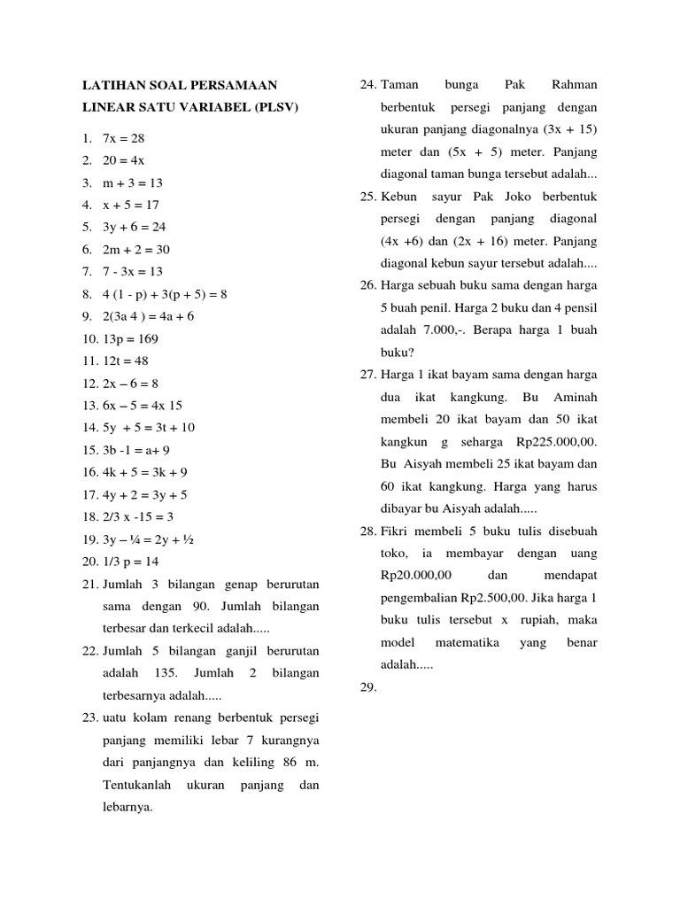 Latihan Soal Persamaan Linear Satu Variabel | PDF