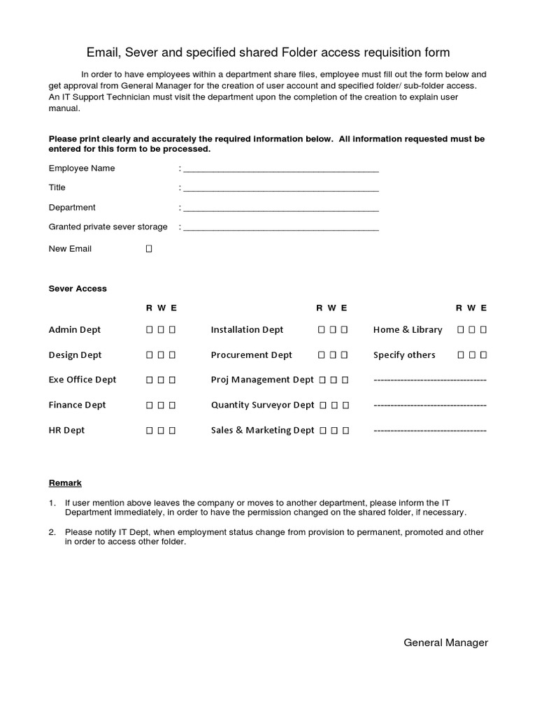 Email, Sever and Specified Shared Folder Access Requisition Form | PDF ...