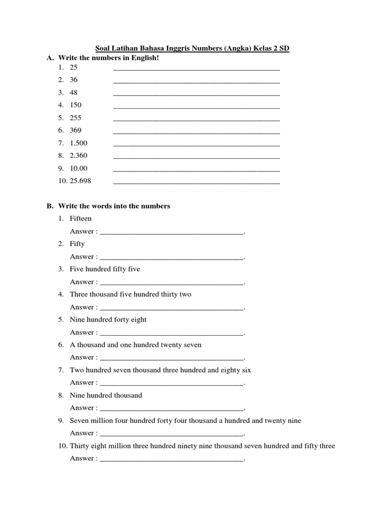 Soal Latihan Numbers Kelas 2 SD | PDF