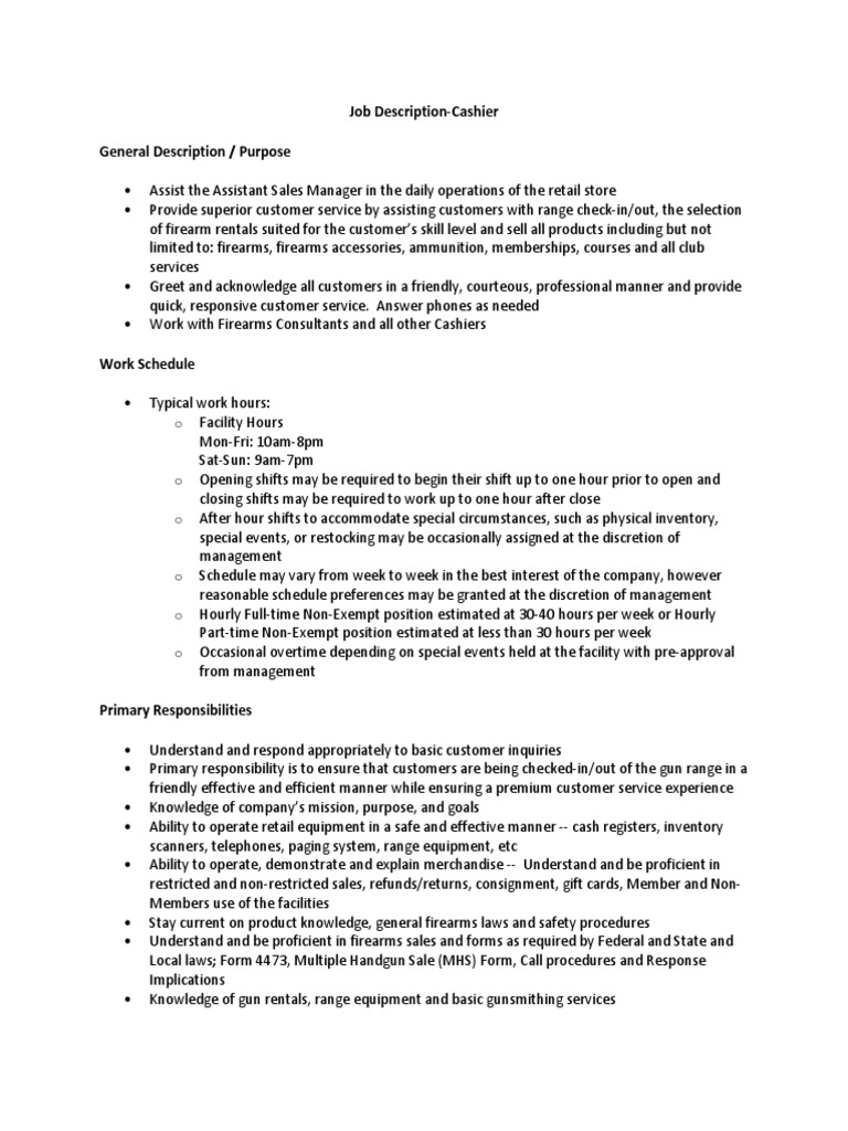 Job Description Cashier | PDF | Retail | Inventory