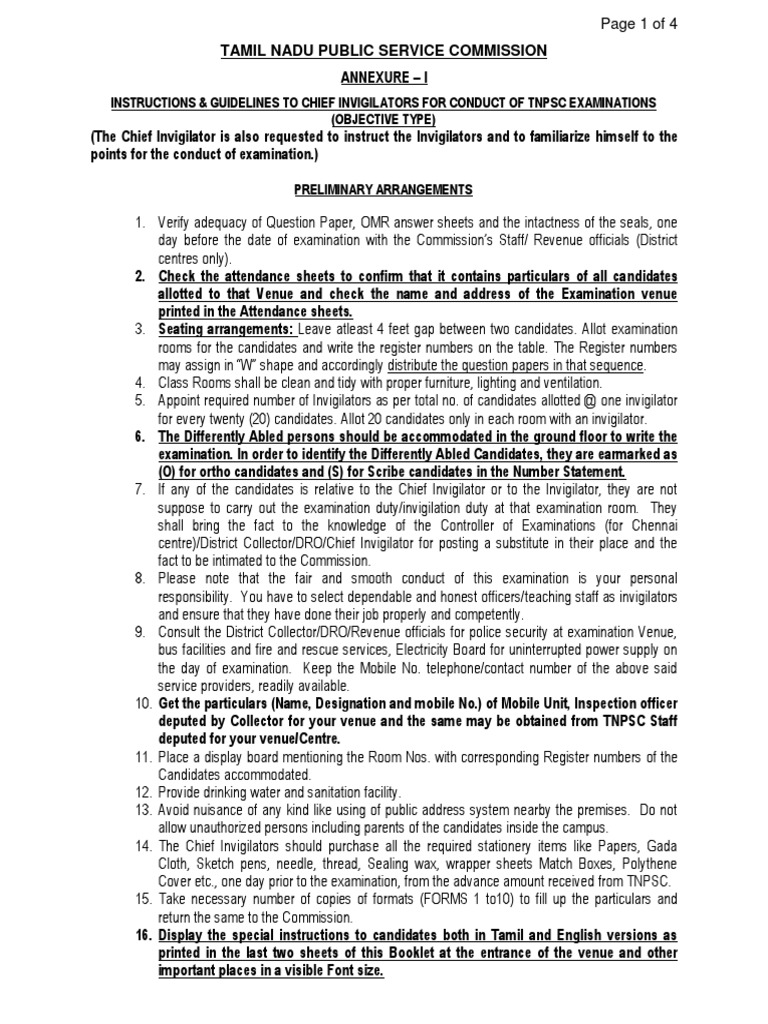 Instructions & Guidelines To Chief Invigilators For Conduct of TNPSC Examinations (Objective ...