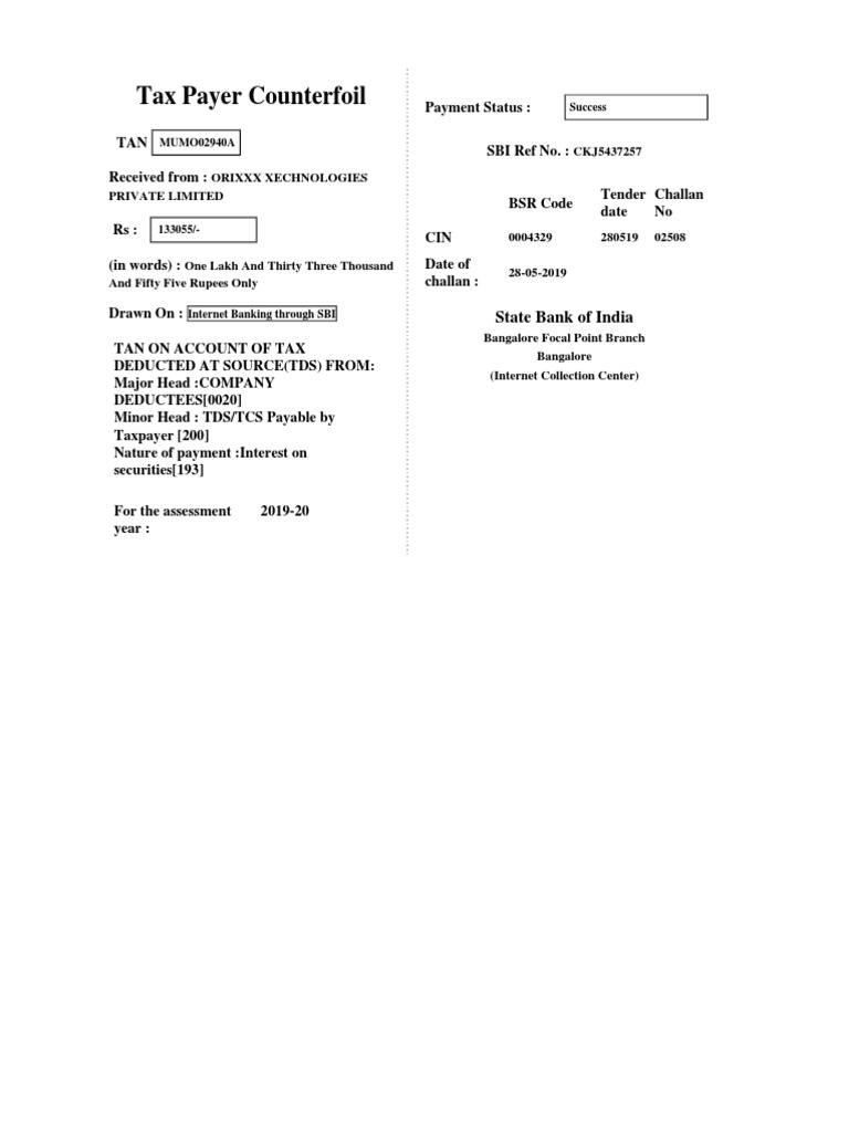 Tax Payer Counterfoil: State Bank of India | PDF