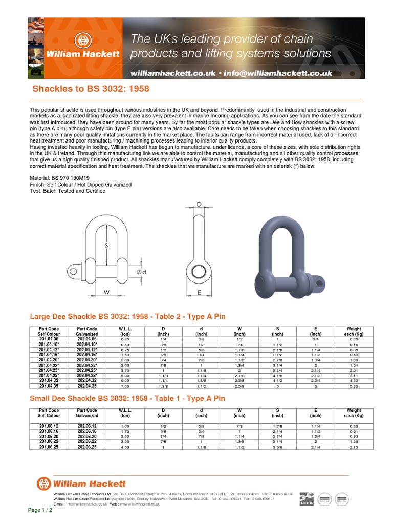 Shackles To BS 3032: 1958: Large Dee Shackle BS 3032: 1958 - Table 2 ...