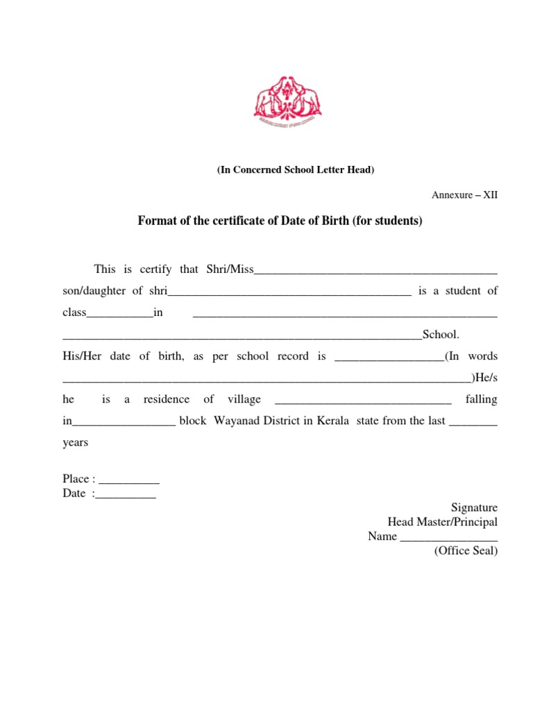 Format of The Certificate of Date of Birth (For Students) : (In ...