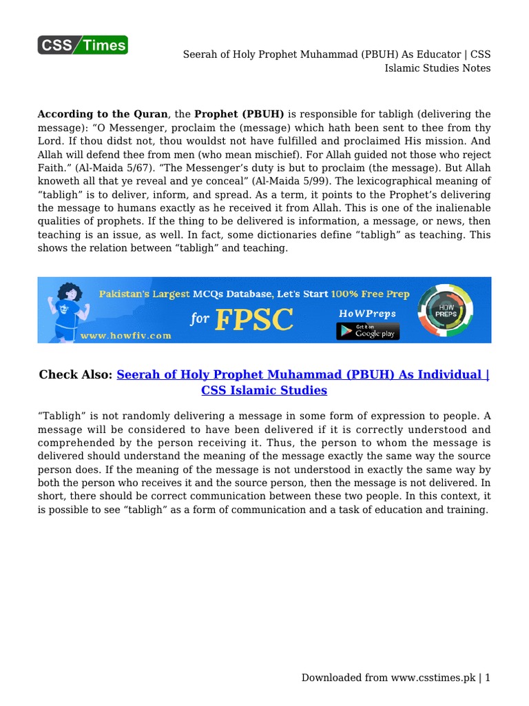 Seerah of Holy Prophet Muhammad (PBUH) As Educator - CSS Islamic ...