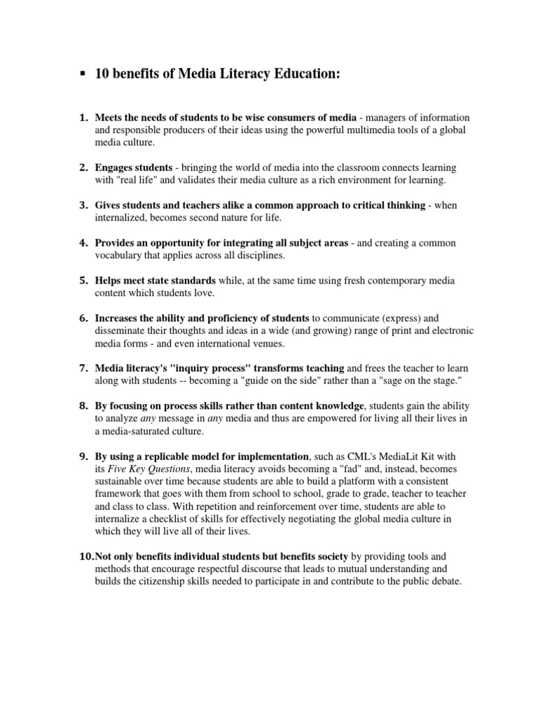 10 Benefits of Media Literacy Education | PDF